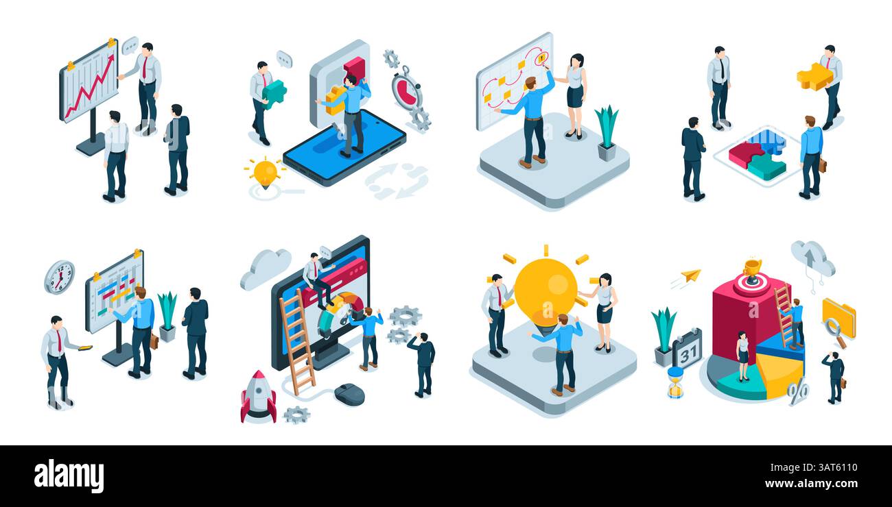 isometric vector business people working in team set of pictures, in ...