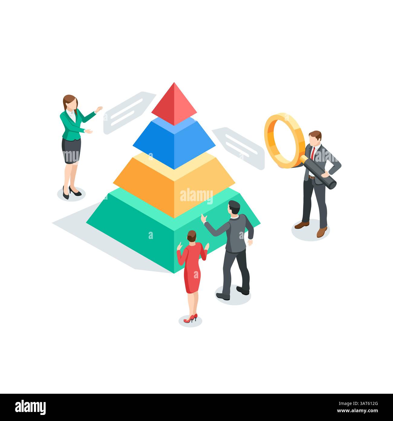 isometric vector business people analyzing pyramid chart, in color on a ...