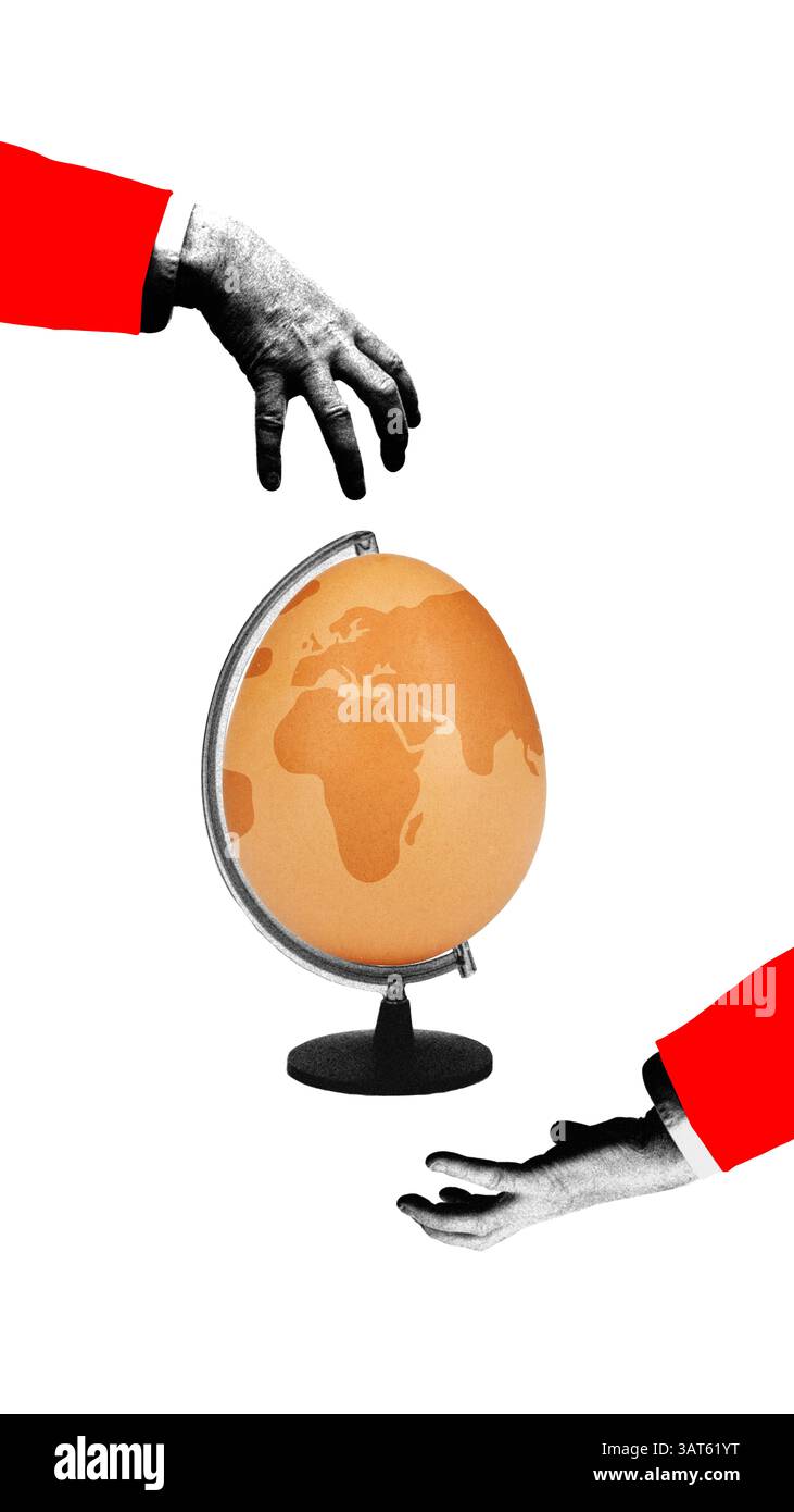 Giant egg as globe held between two grasping hands symbolizes fragile ...