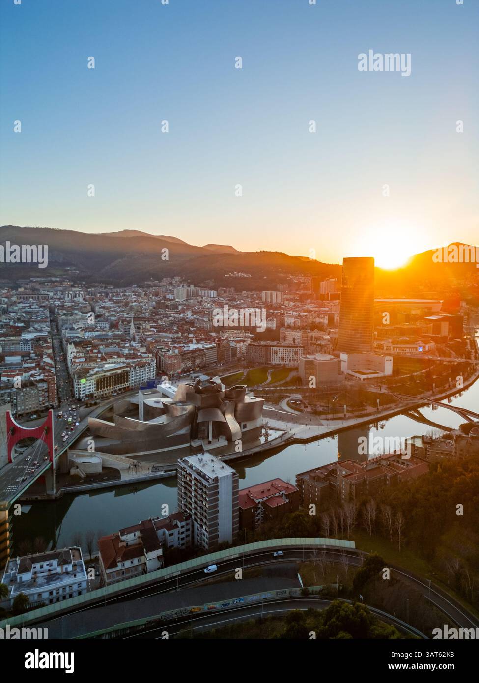 Aerial view of Bilbao cityscape with Guggenheim Museum, Nervión river ...