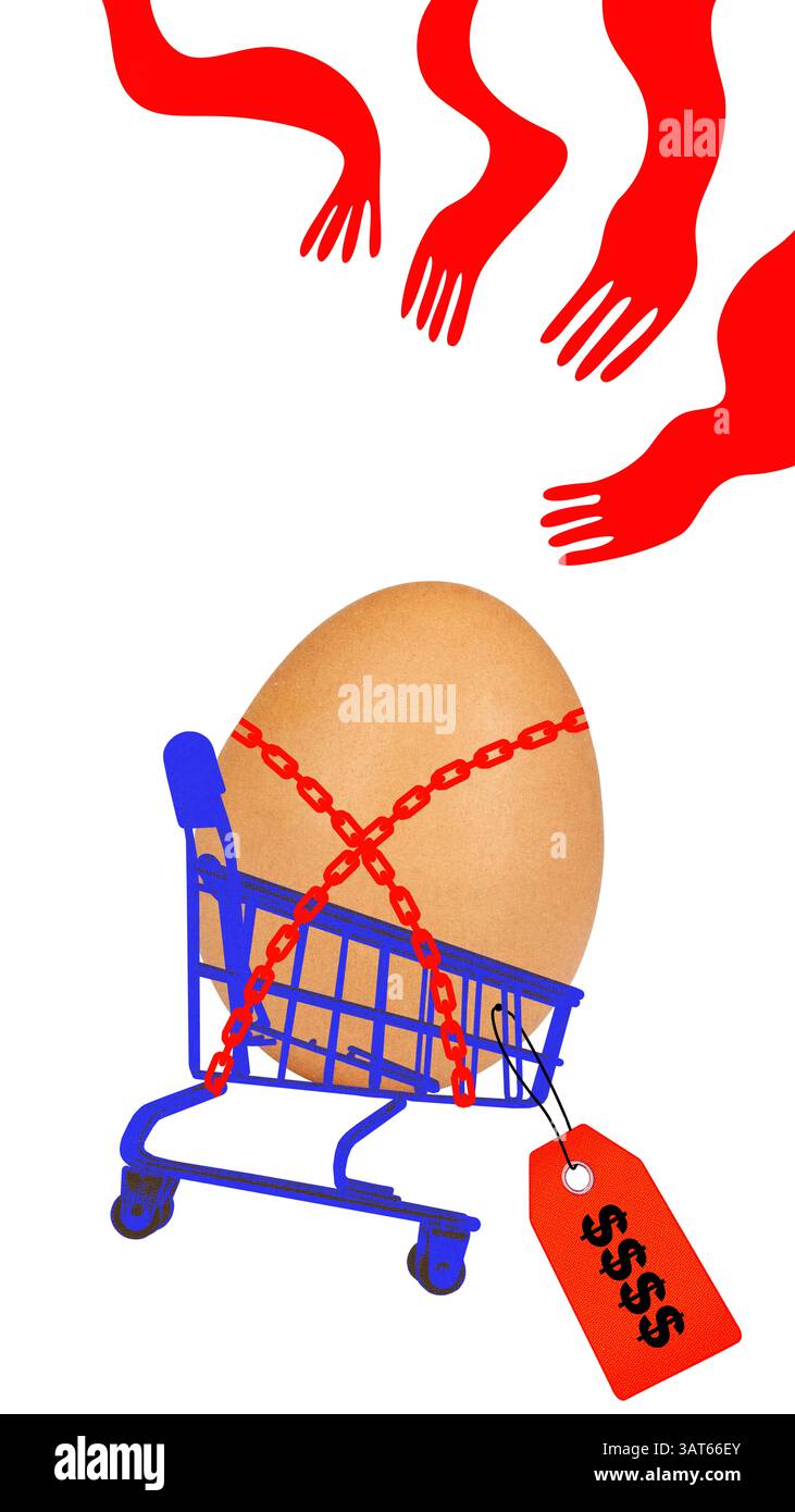 Egg trapped in shopping cart with red chains while red hands reach out ...