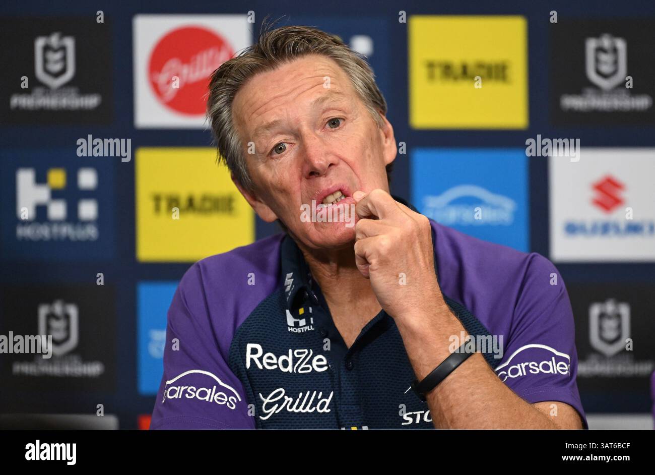 Brisbane, Australia. 18th Apr, 2025. Storm Coach Craig Bellamy looks on ...