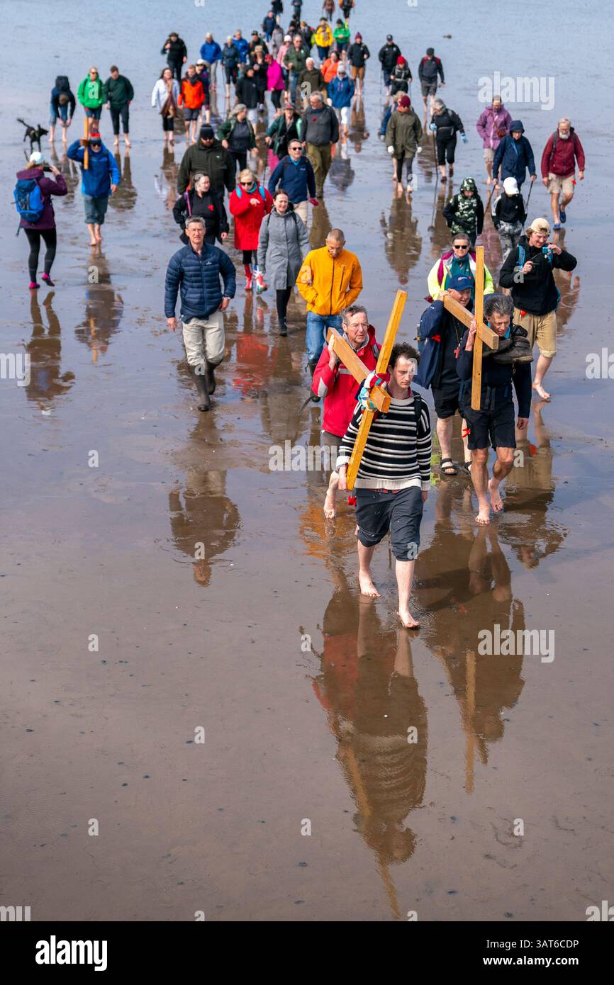 Pilgrims carrying wooden crosses cross the sands at low tide to the ...