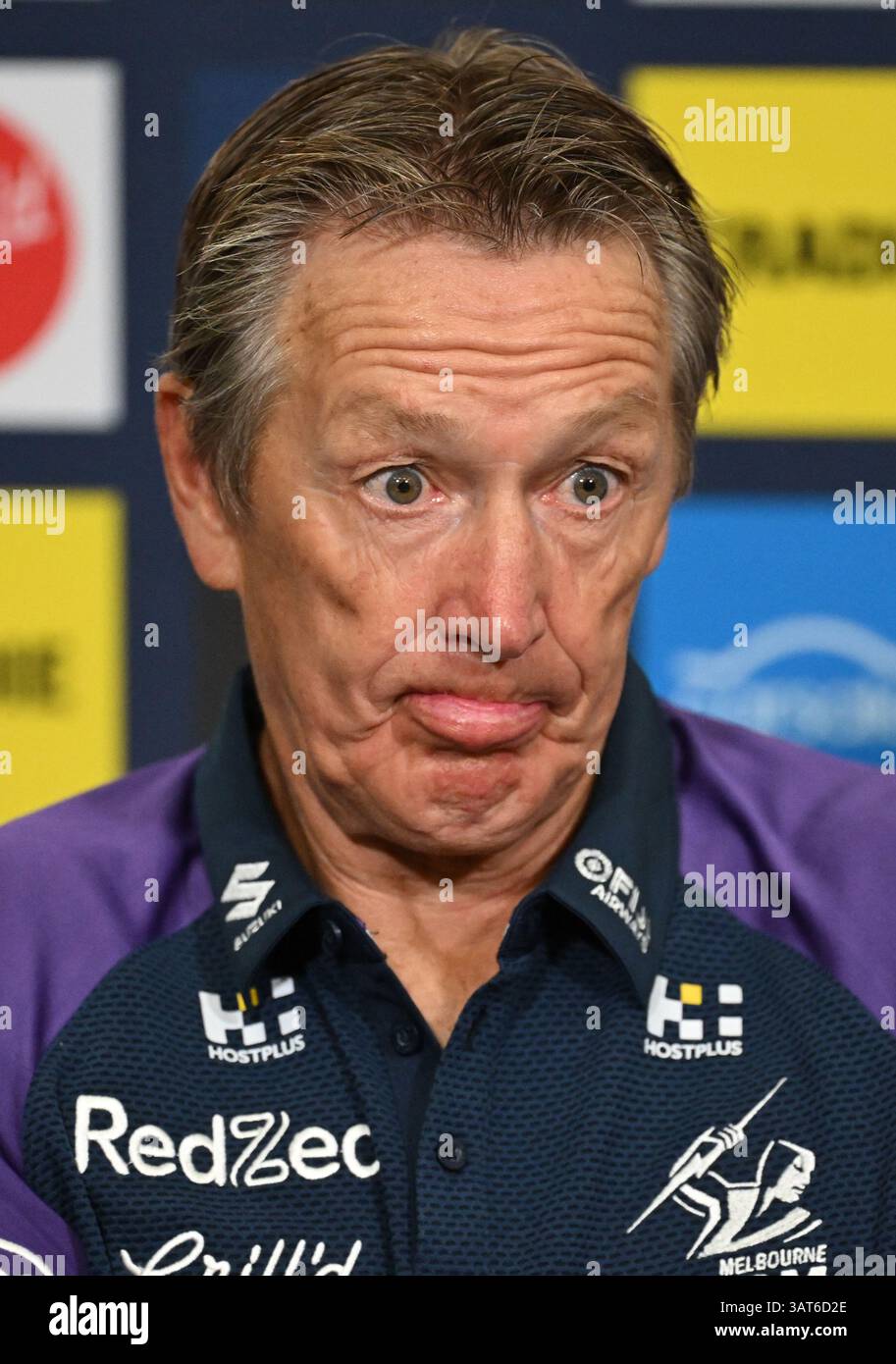Brisbane, Australia. 18th Apr, 2025. Storm Coach Craig Bellamy looks on ...