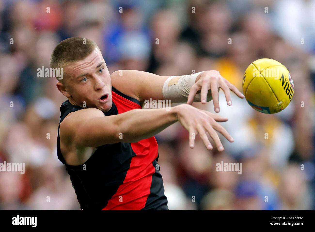 Perth, Australia. 18th Apr, 2025. Nate Caddy of the Bombers in action ...