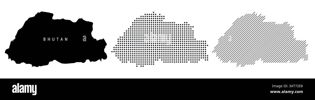 Bhutan detailed silhouette map, dotted pattern and slanted parallel lines pattern. Bhutanese ...