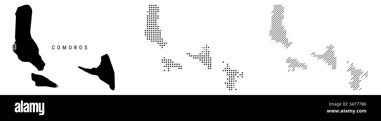Comoros detailed silhouette map, dotted pattern and slanted parallel lines pattern. Union of the ...
