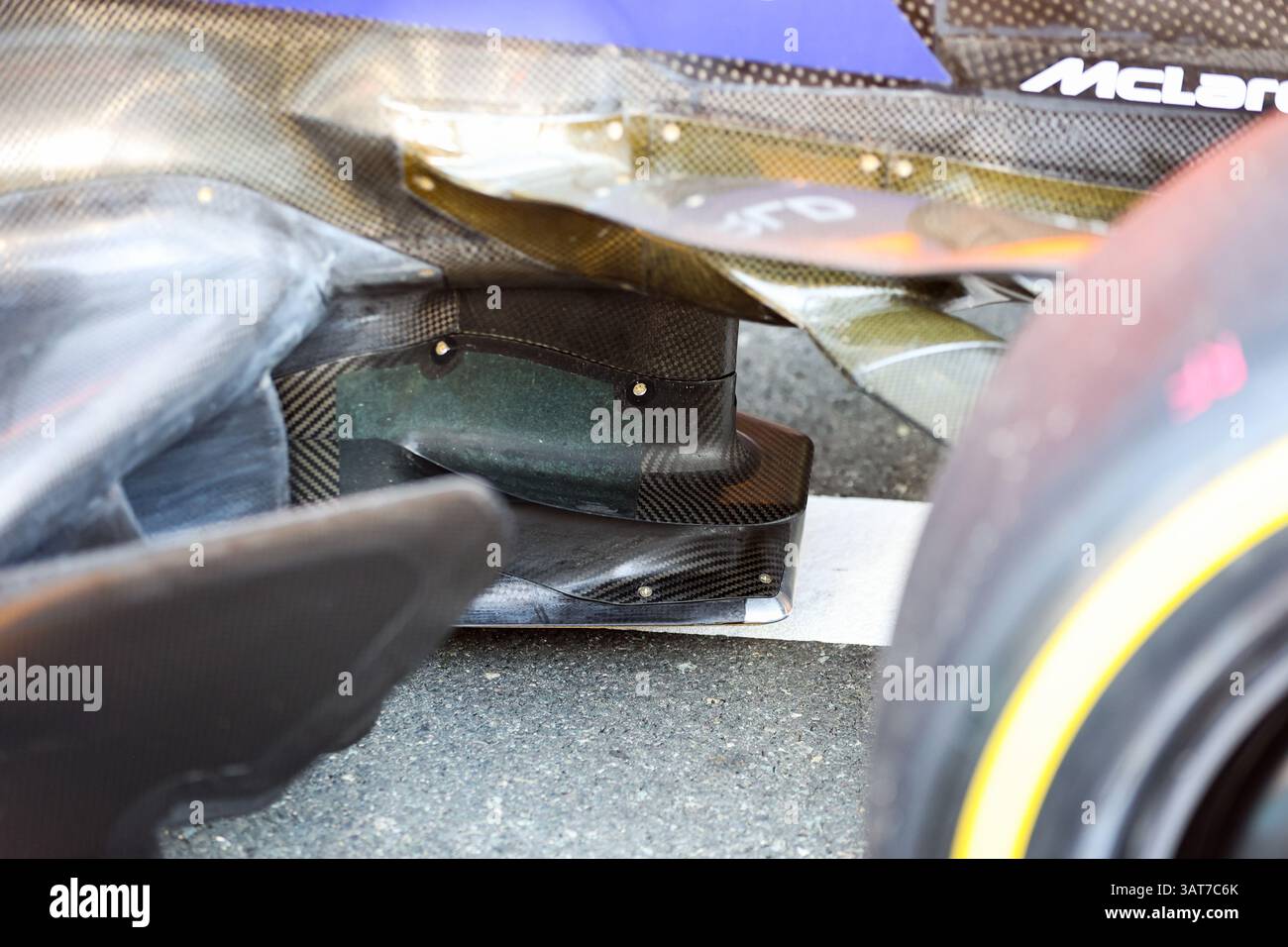 McLaren F1 Team MCL39, mechanical detail floor entry, skid block during ...