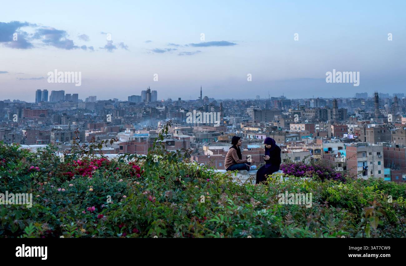 Two people sitting on a ledge surrounded by flowers, overlooking a ...