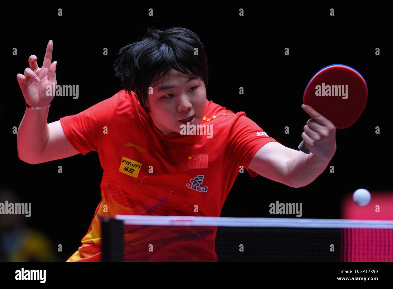 Macao, China. 18th Apr, 2025. Kuai Man hits a return during the women's ...