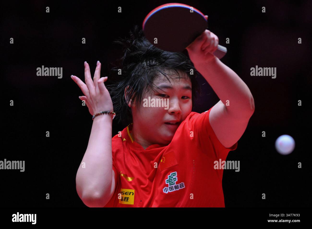 Macao, China. 18th Apr, 2025. Kuai Man hits a return during the women's ...