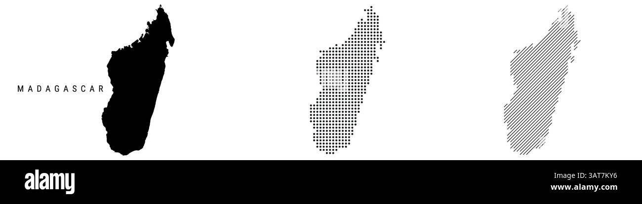 Madagascar detailed silhouette map, dotted pattern and slanted parallel lines pattern. Republic ...