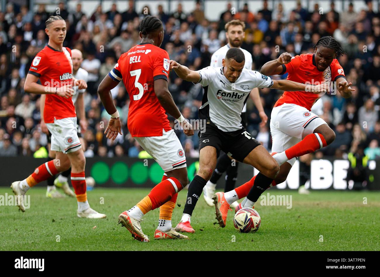 Derby County's Kayden Jackson (centre) in action during the Sky Bet ...