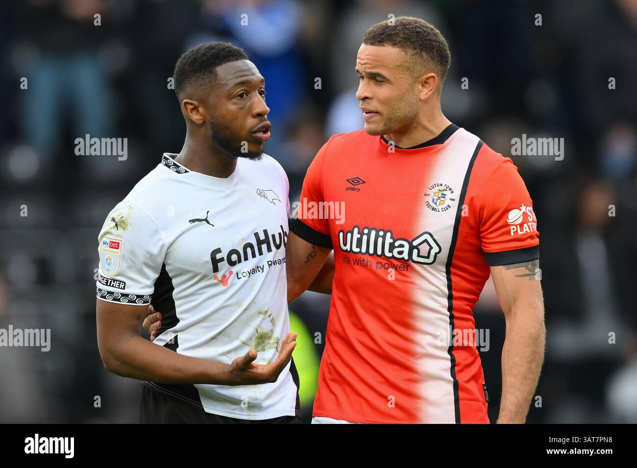 Ebou Adams of Derby County and Carlton Morris of Luton Town discuss the ...