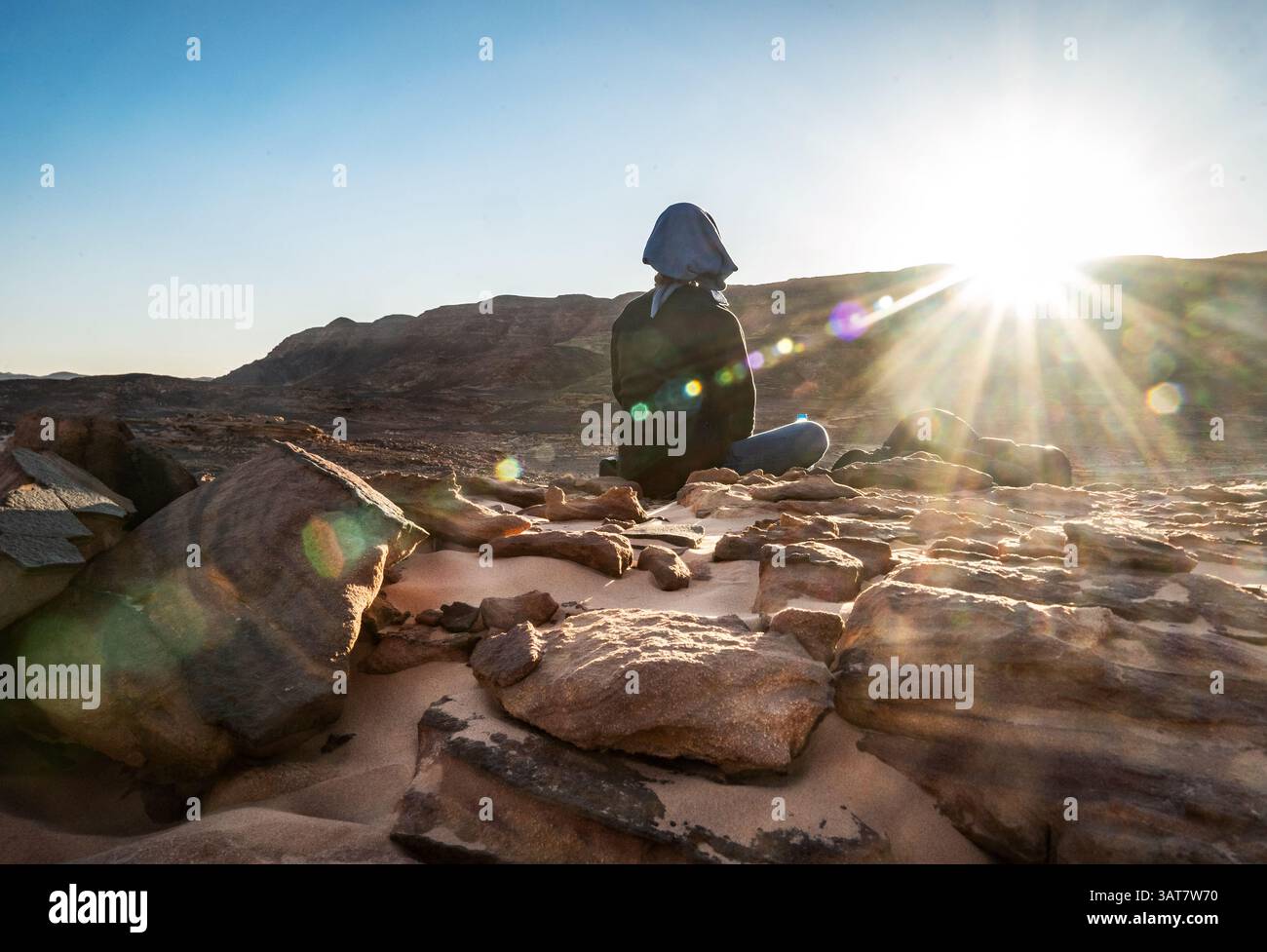 A person sitting on rocky terrain in a desert landscape, gazing at the ...