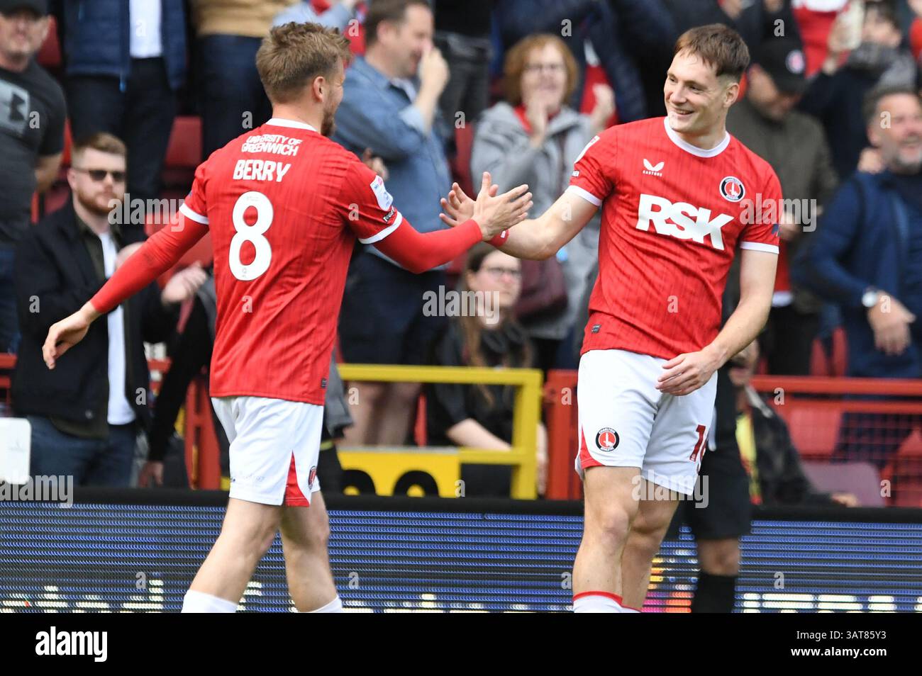 London, England. 18th Apr 2025. Luke Berry celebrates with Josh Edwards ...