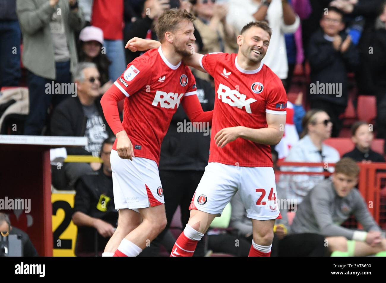 London, England. 18th Apr 2025. Luke Berry celebrates with Matty Godden ...