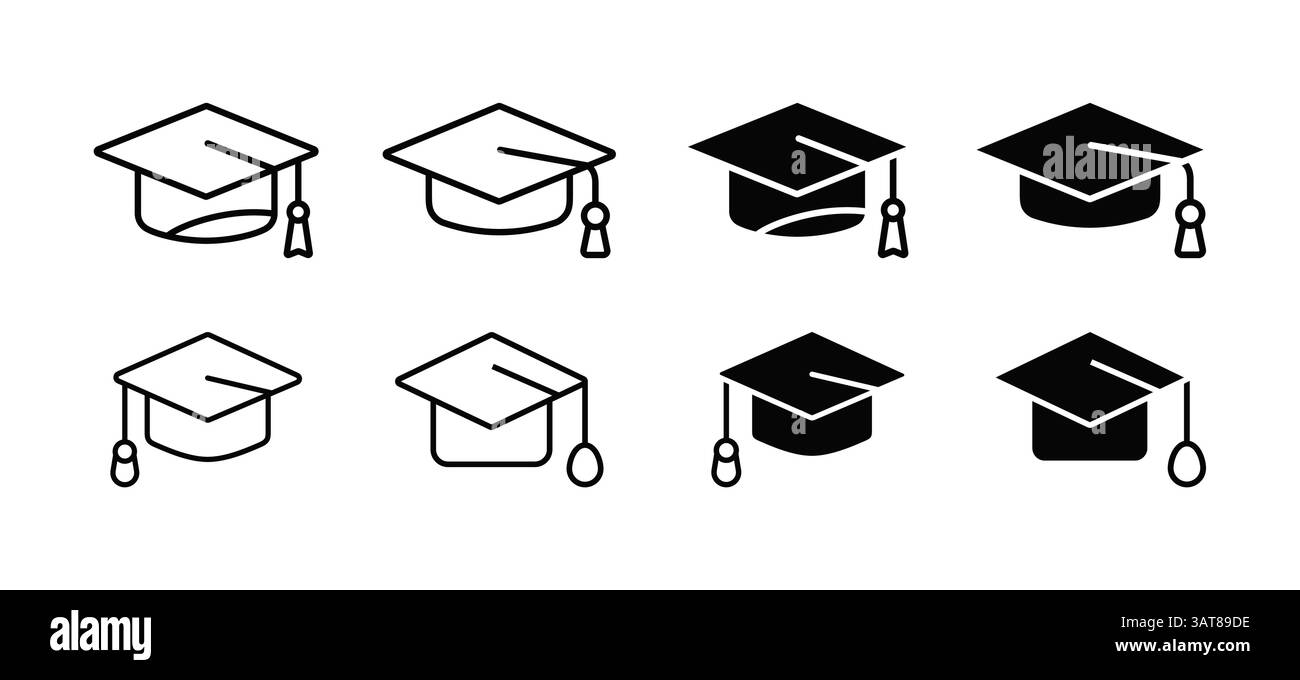 Graduation cap icons set. Outline, solid styles education, academic ...