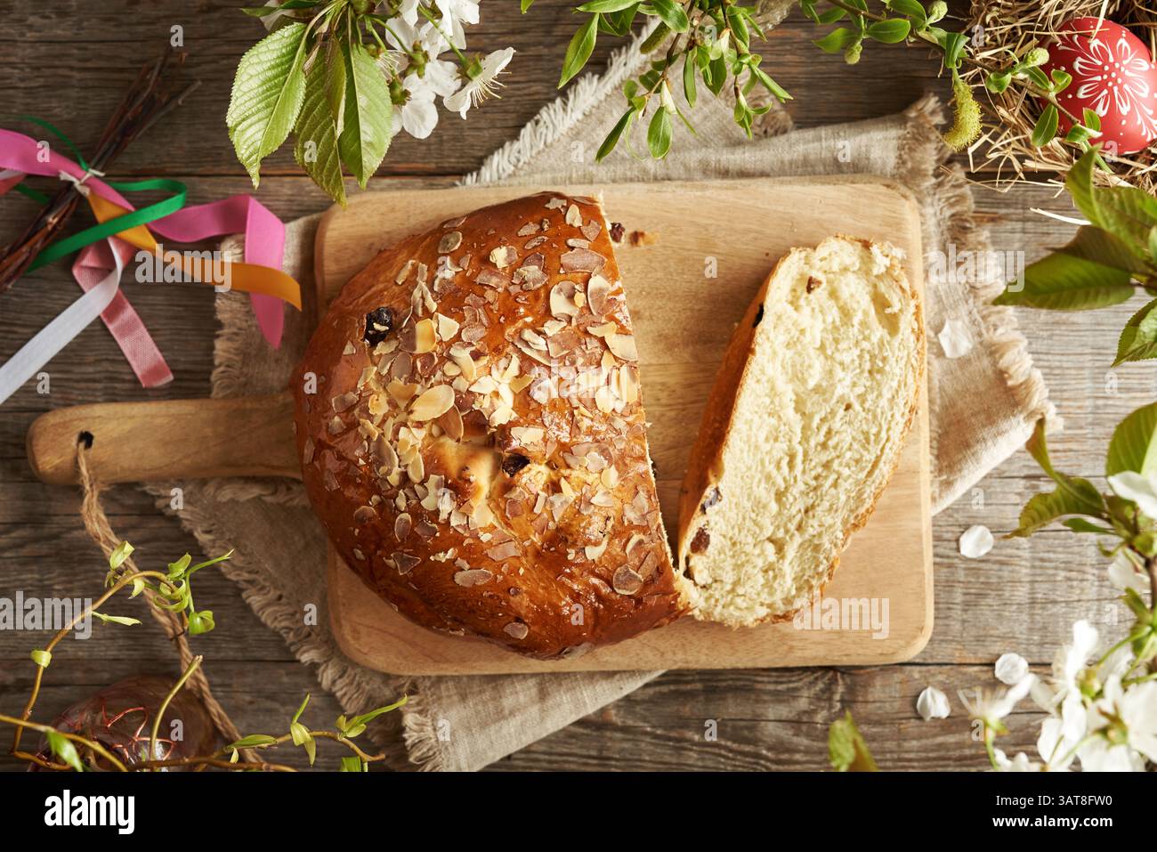 Mazanec, Czech sweet Easter pastry, with cherry blossoms in spring, top ...