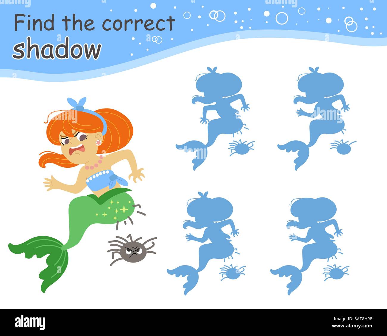 Find correct shadow cute mermaid character. Educational matching game ...