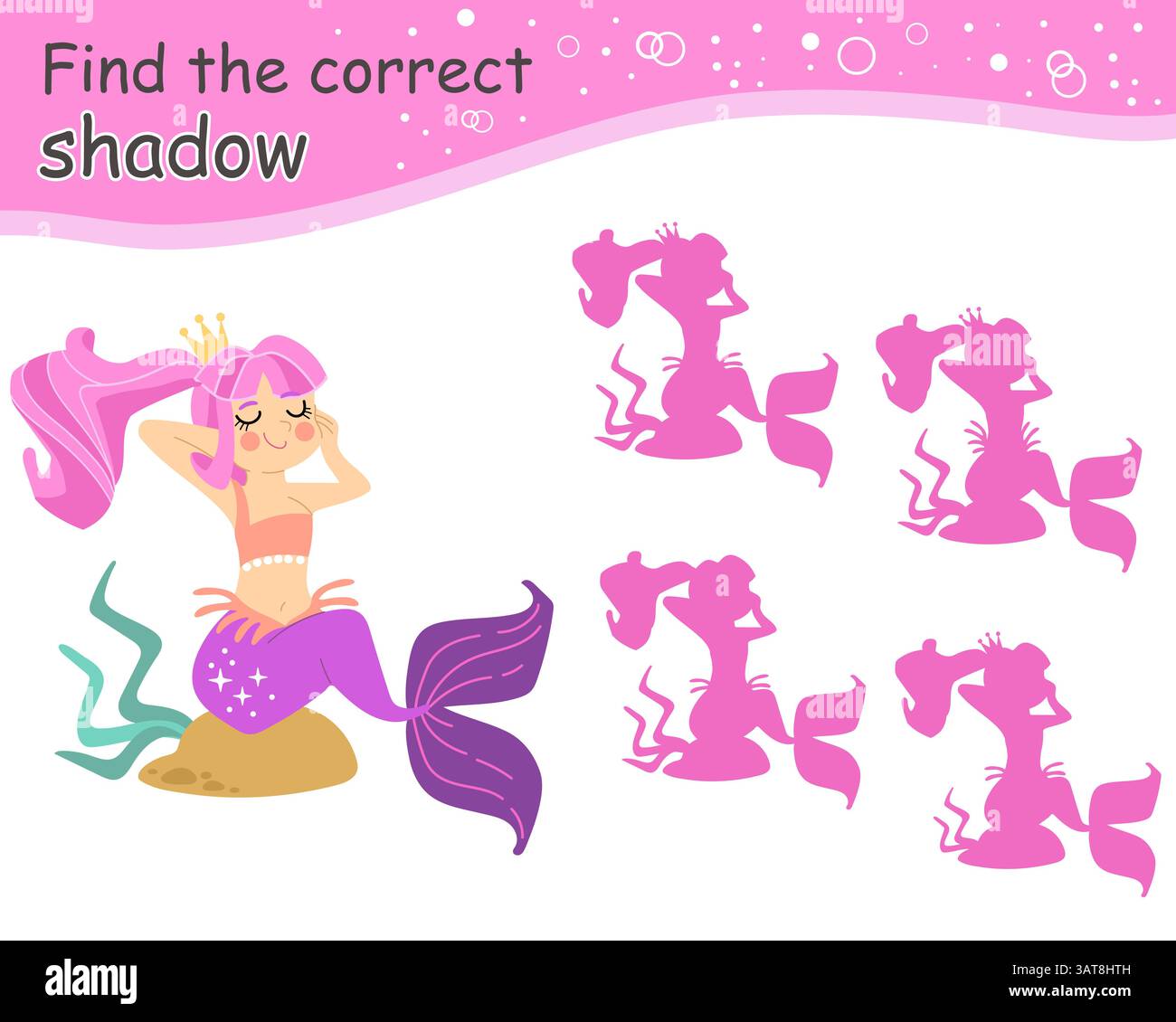 Find correct shadow cute mermaid character. Educational matching game ...