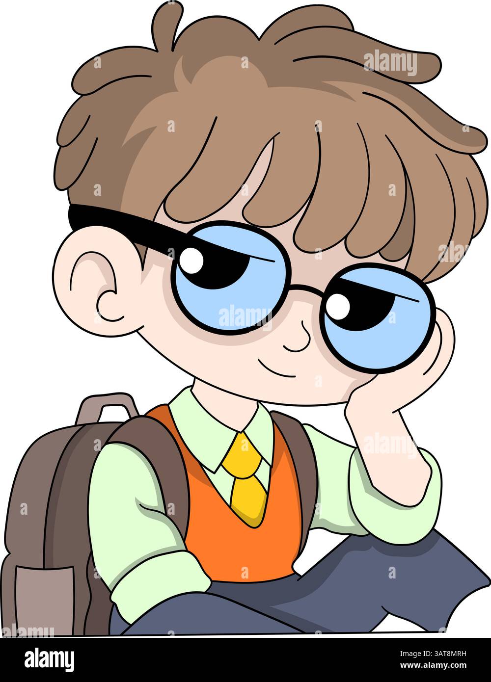 Funny cartoon boy character wearing a school uniform and glasses ...