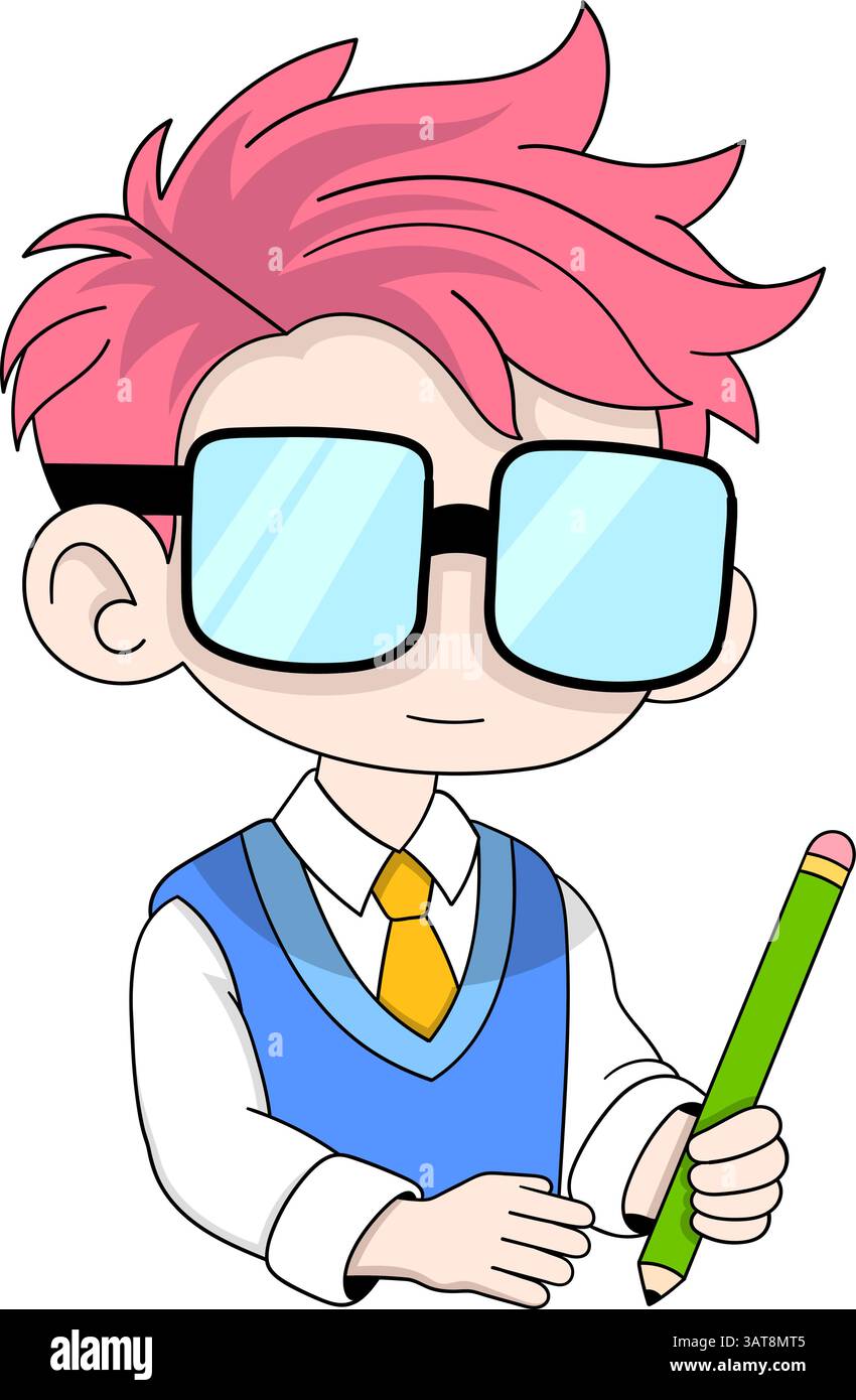 Stylish cartoon boy character with pink hair and oversized glasses ...