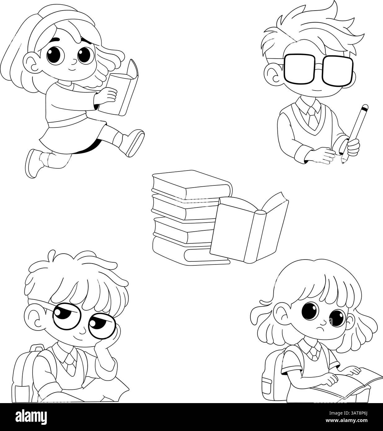 Black and white cartoon illustration featuring school children reading ...