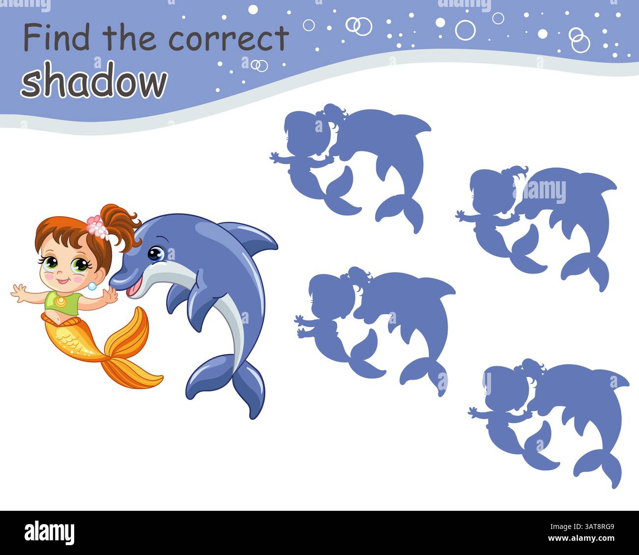Find correct shadow cute mermaid character. Educational matching game ...