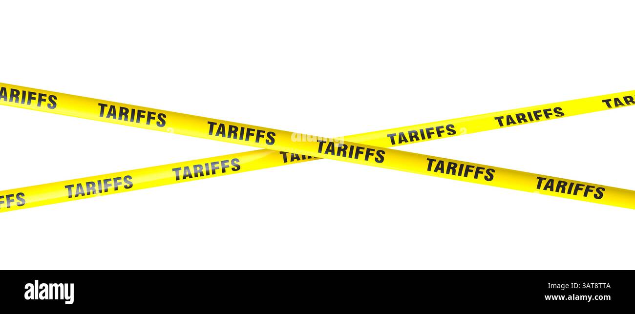 Tariffs yellow caution tape blocking isolated 3d Stock Photo - Alamy
