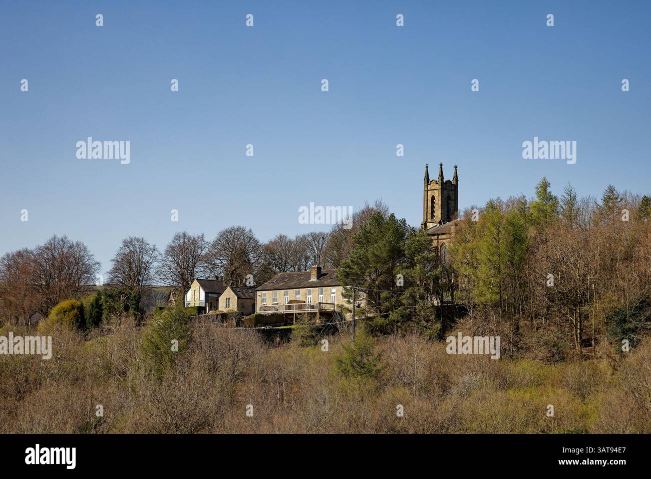 The tower of Tintwistle church overlooks the Etherow Valley, Hadfield ...