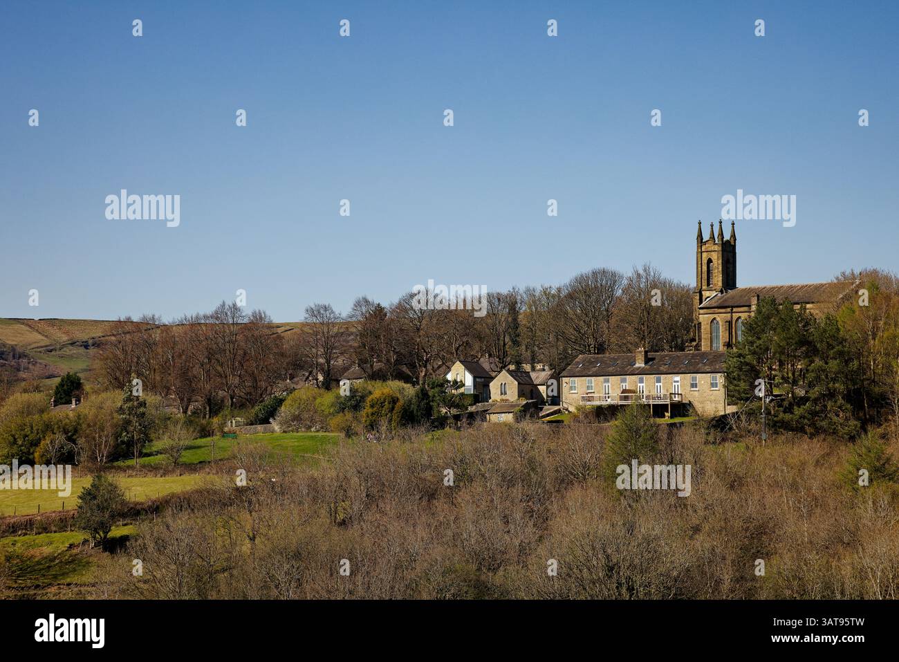 The tower of Tintwistle church overlooks the Etherow Valley, Hadfield ...