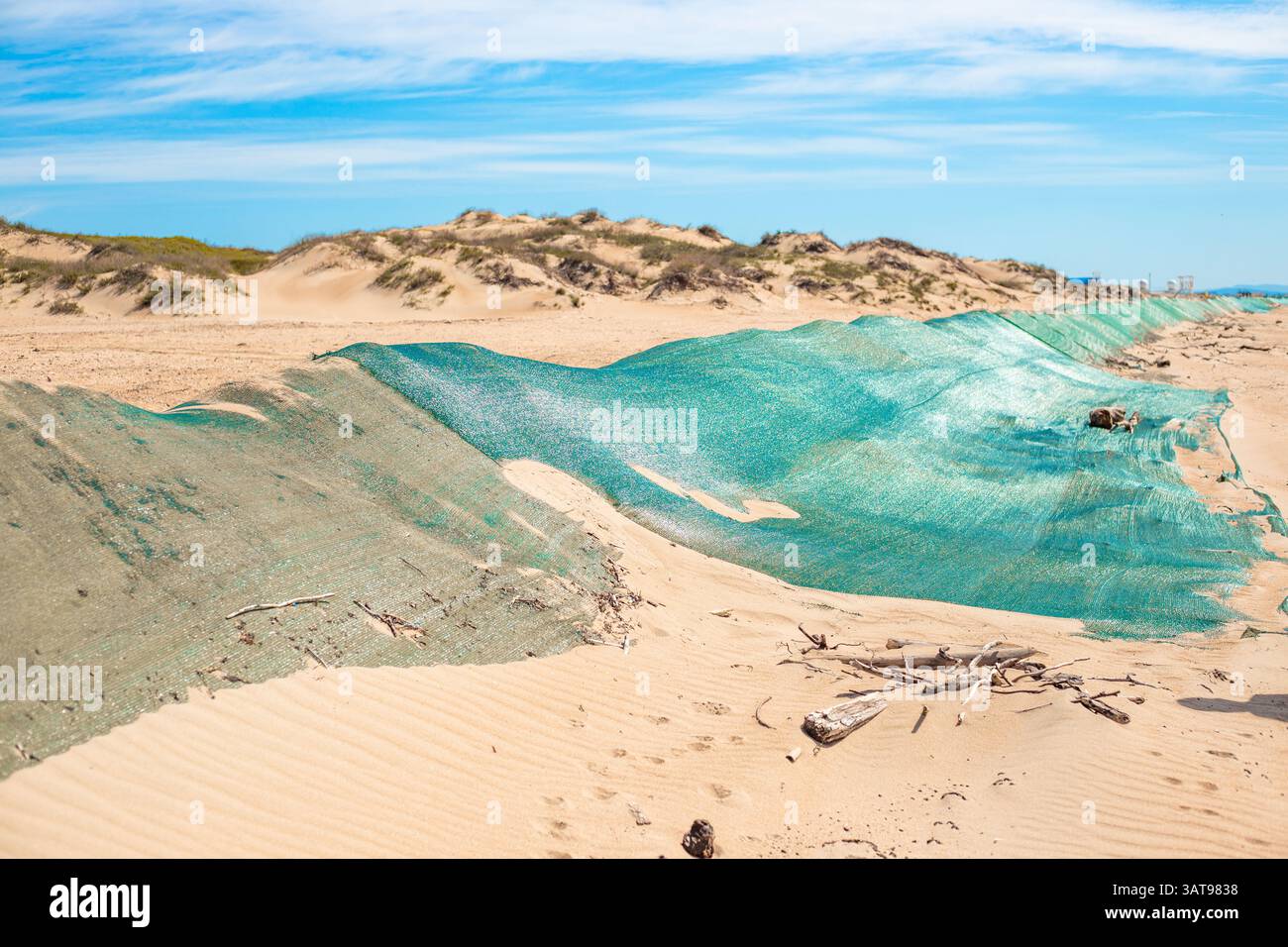 Fuel oil spill. Barrier sand dune covered with protective net from fuel ...