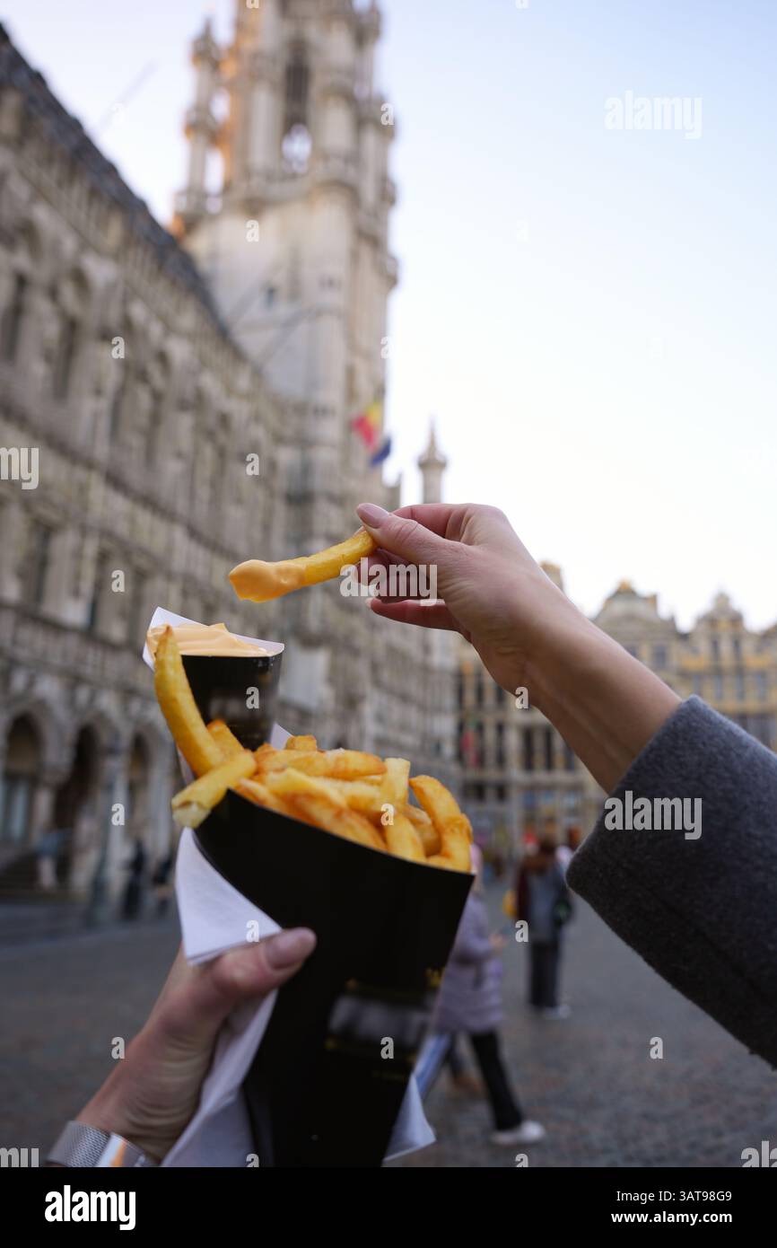 Belgian Fries with Sauce at Grand Place Brussels with Historic Tower ...
