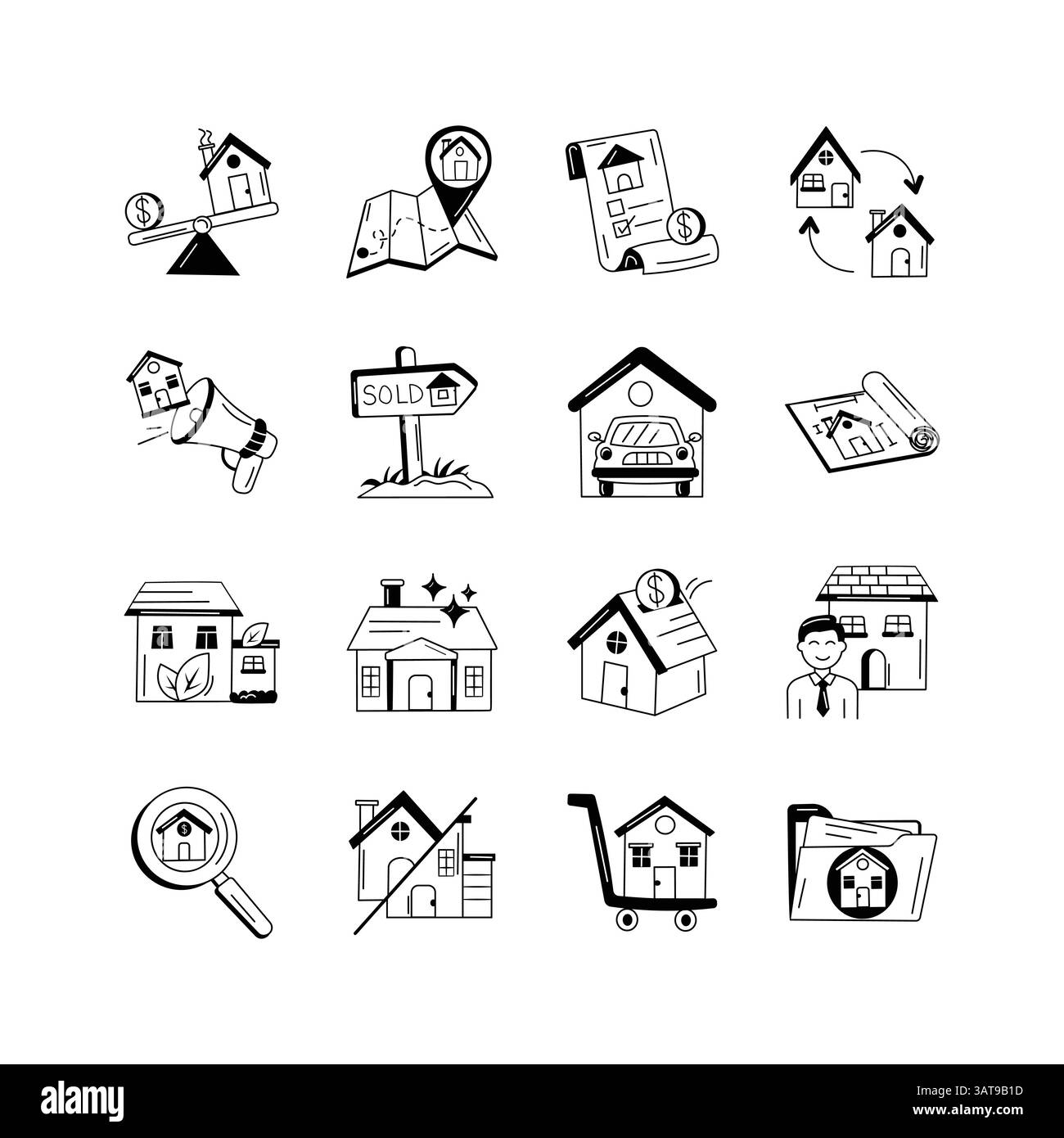 Collection of simple black and white icons representing various aspects ...