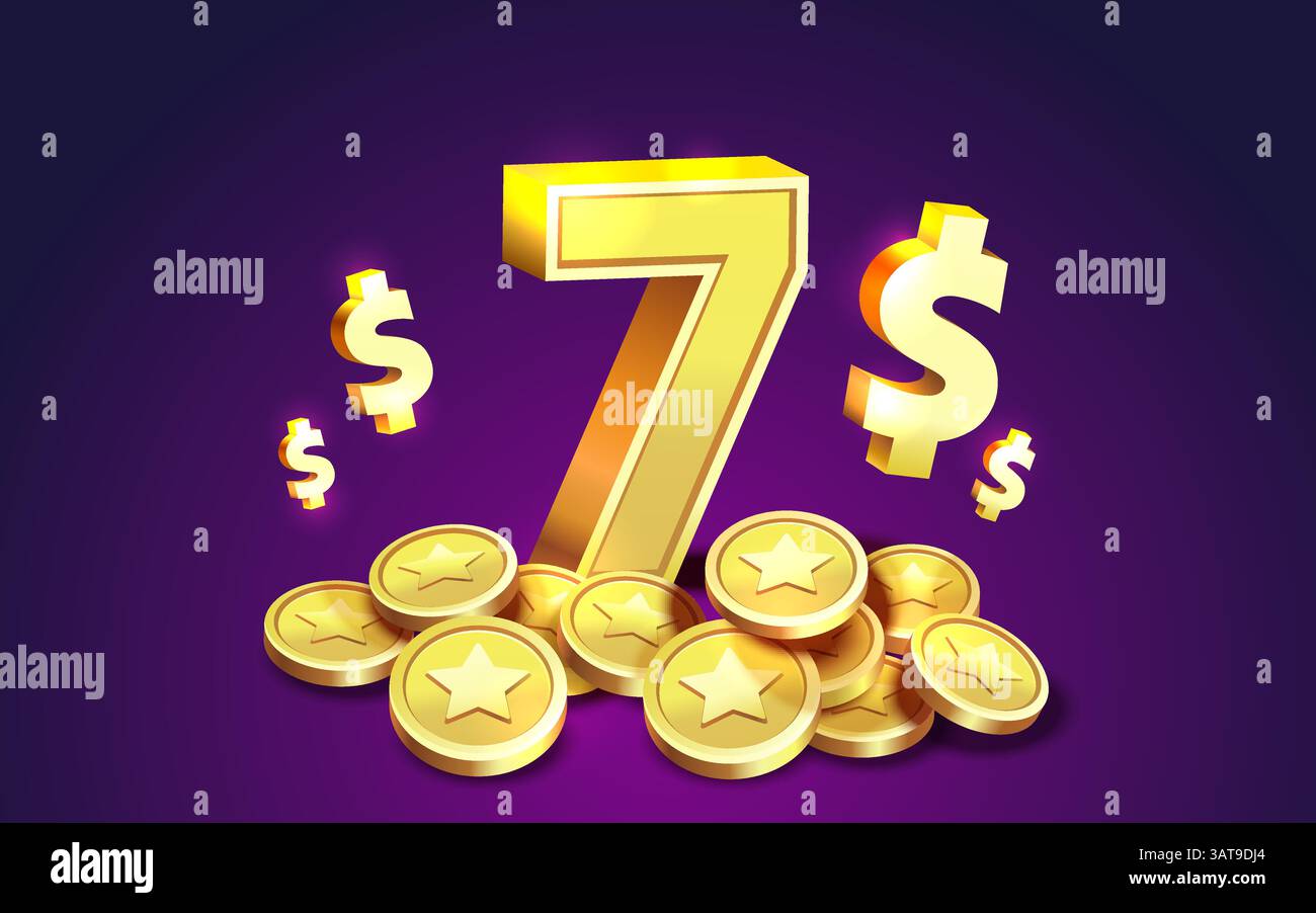 Cash back 7 dollar Percentage golden coins, financial save off. Vector ...