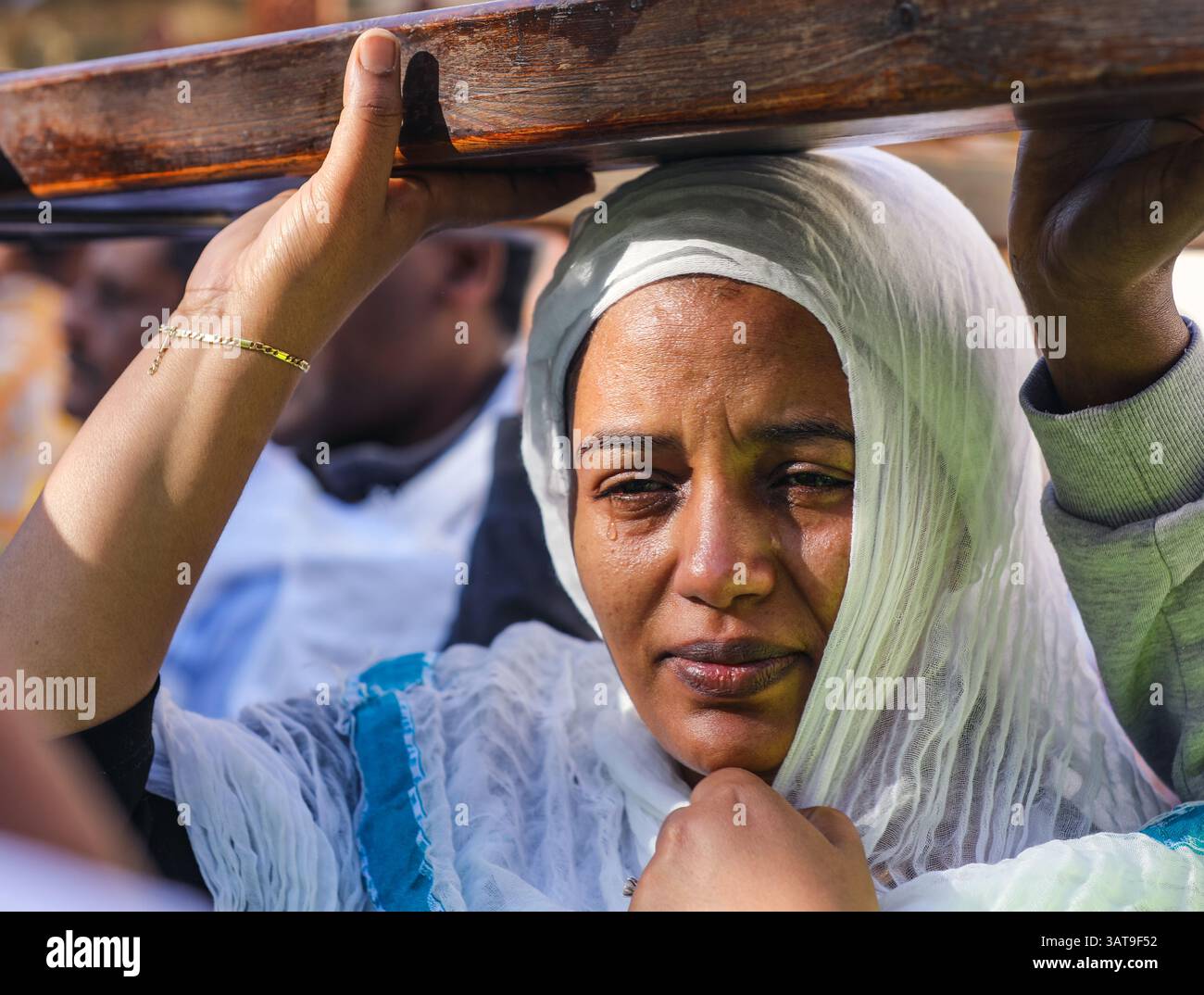 Jerusalem, Israel, 18th April, 2025 The face of a pilgrim, tears in her ...
