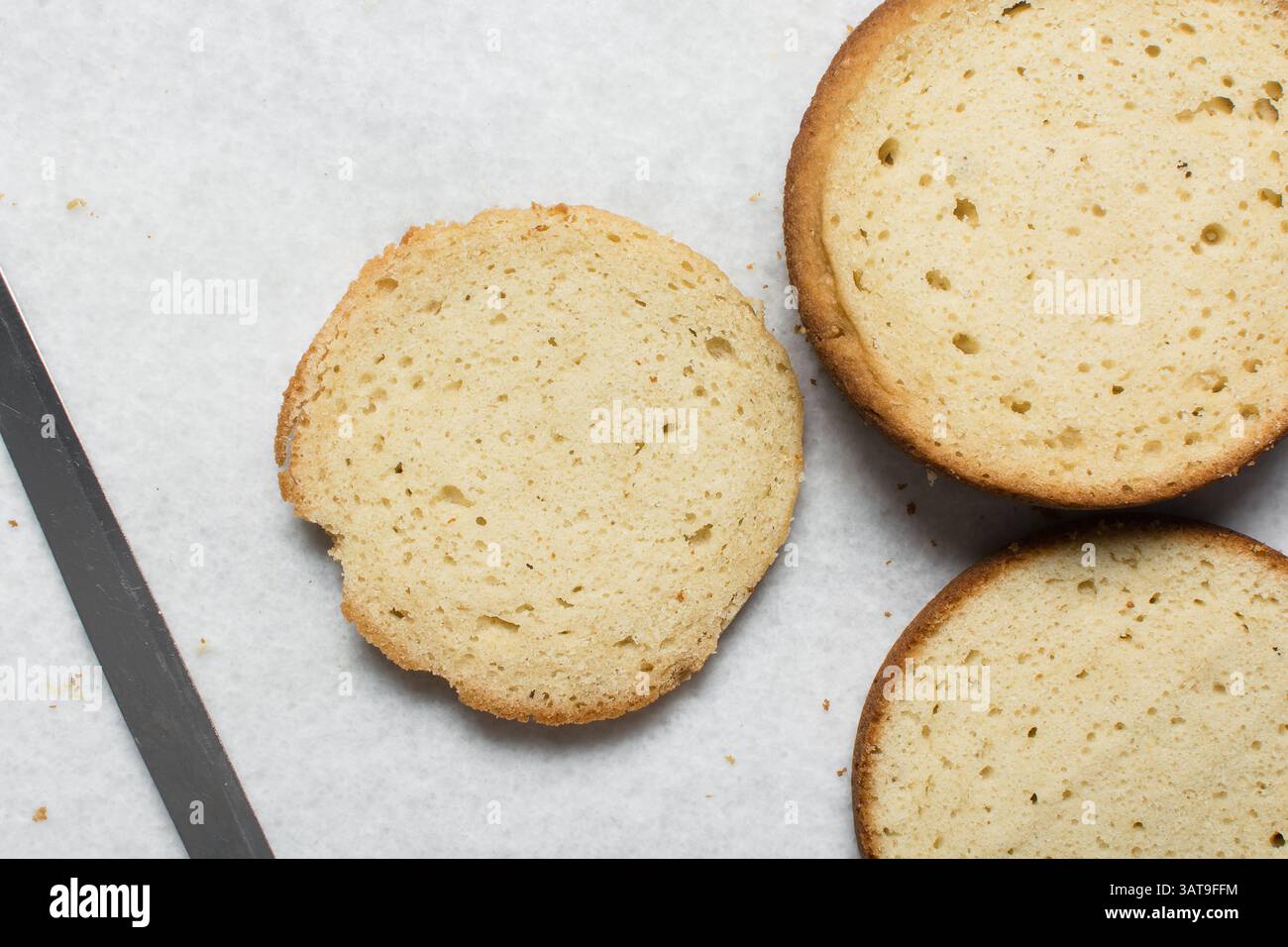 Overhead view of vanilla cake layers on a white countertop, top view of ...