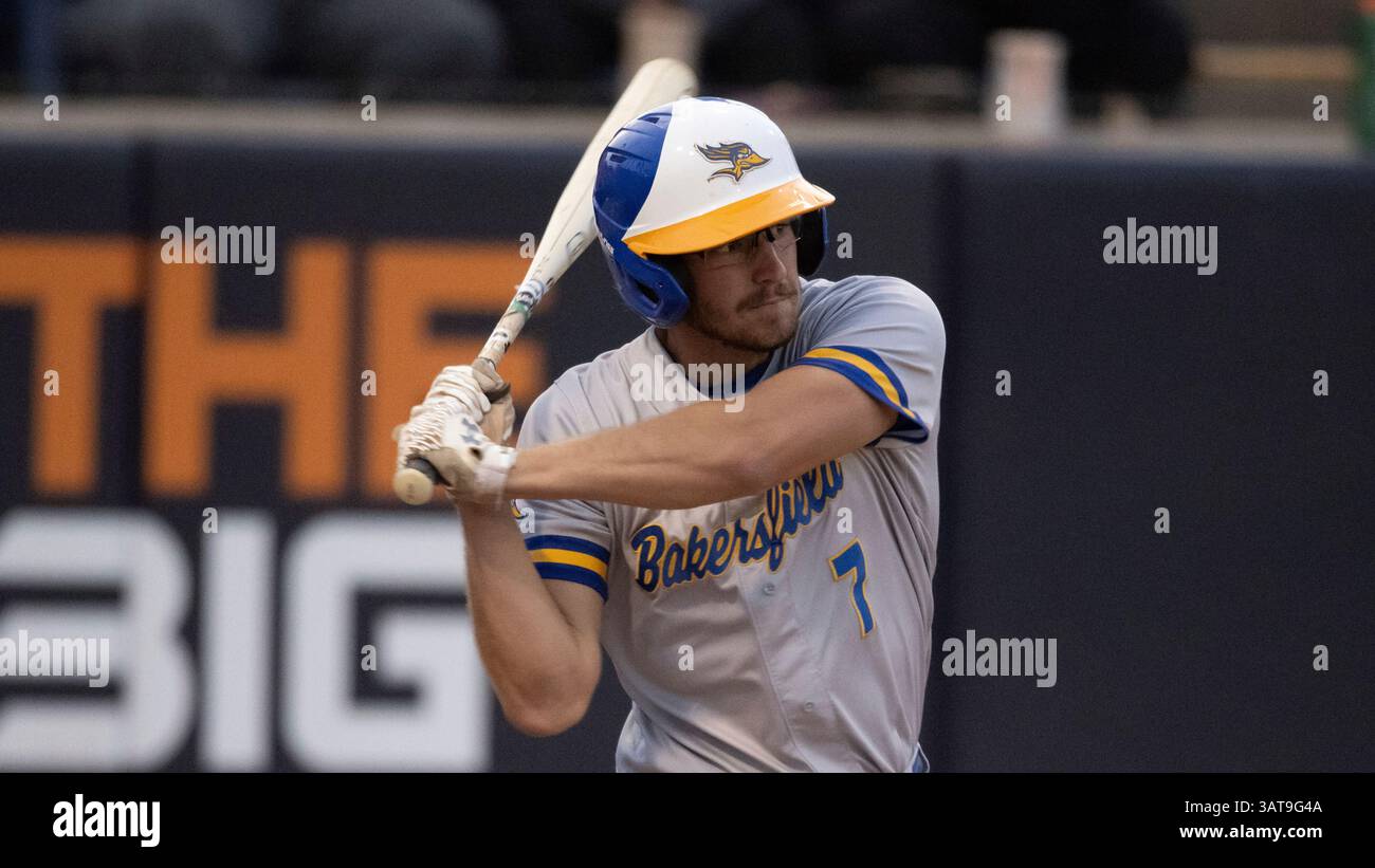Cal State Bakersfield's Louis Zulaica (7) bats during an NCAA baseball ...