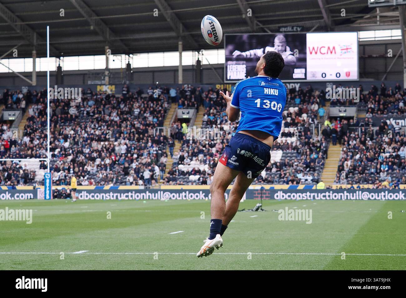 Peta Hiku of Hull KR jumps up to catch the ball in warmups before the ...
