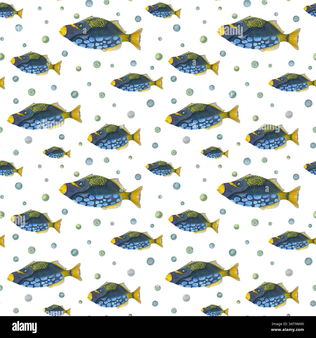 Tropical tiggerfish or boxfish surrounded by water bubbles seamless ...