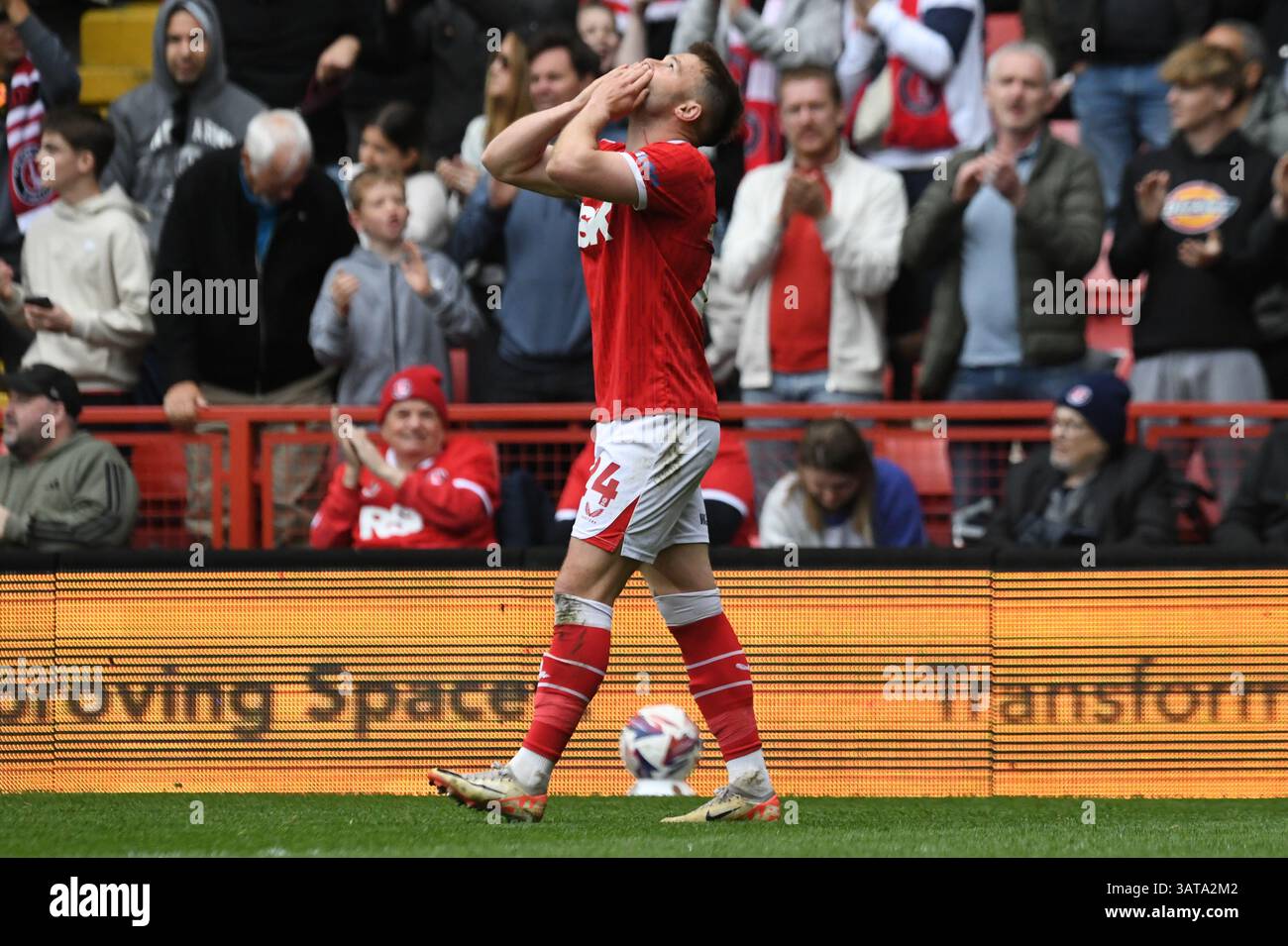 London, England. 18th Apr 2025. Matty Godden celebrates after scoring ...