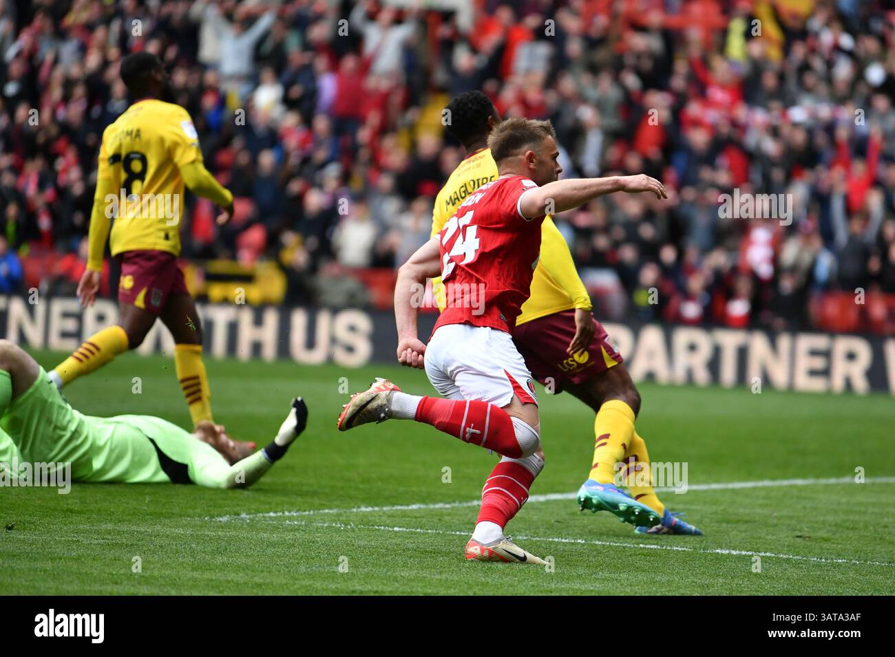 London, England. 18th Apr 2025. Matty Godden celebrates after scoring ...