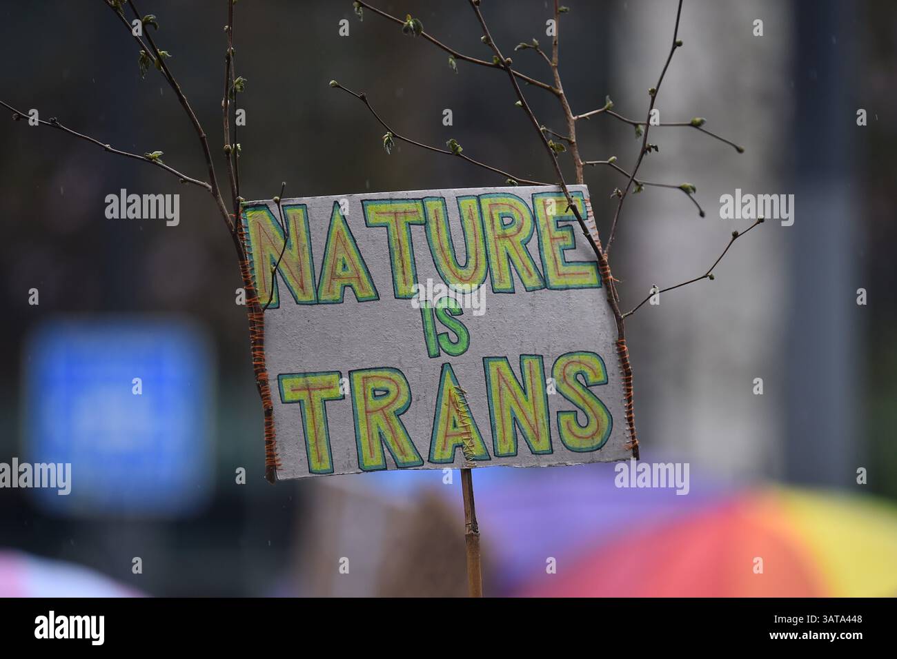 A "Nature Is Trans" placard at a trans rights rally at St Peter's ...