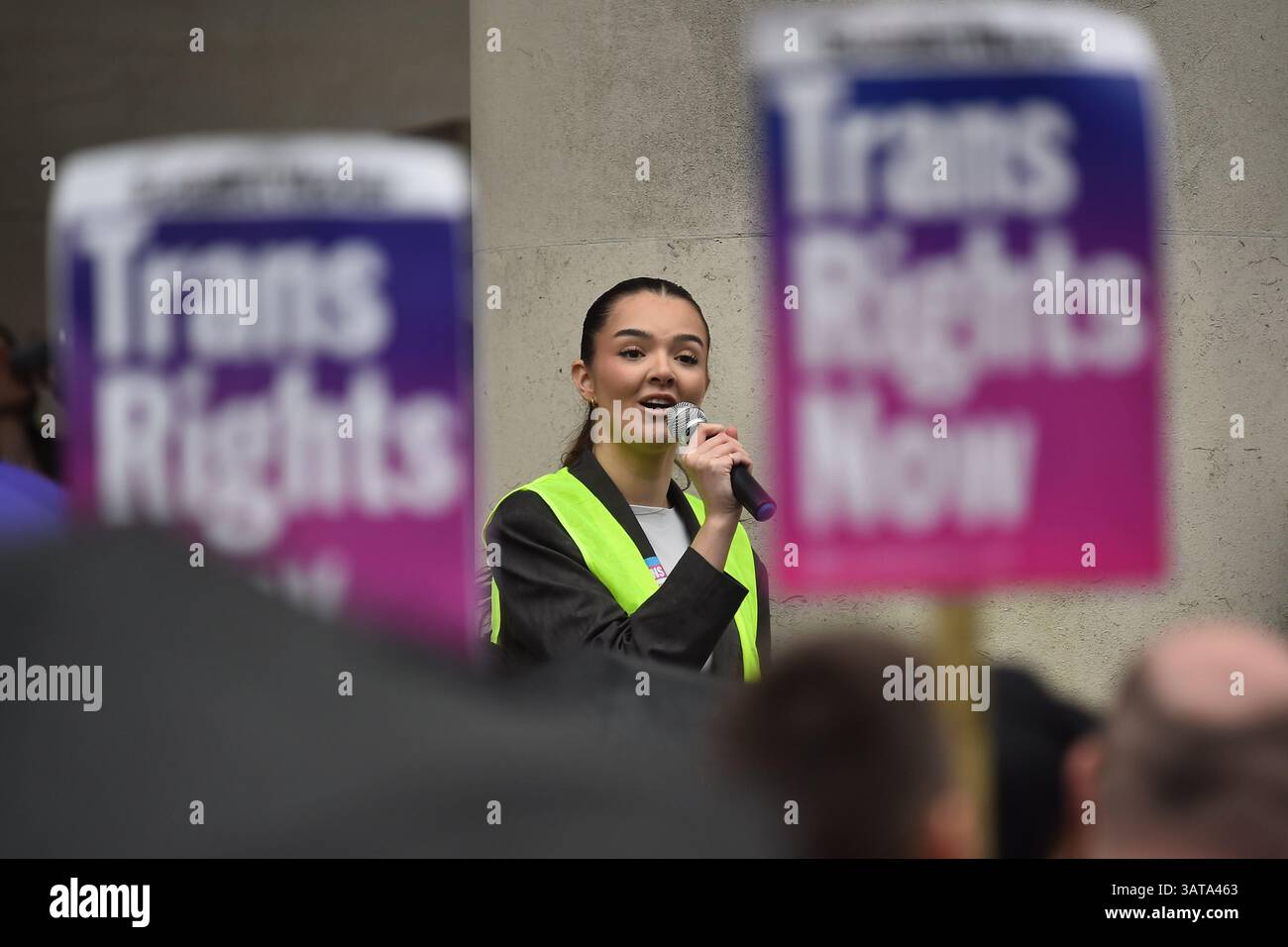A speaker at a trans rights rally at St Peter's Square in Manchester on ...
