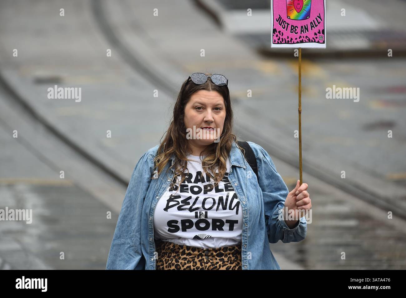 A "Trans People Belong In Sport" t-shirt at a trans rights rally at St ...