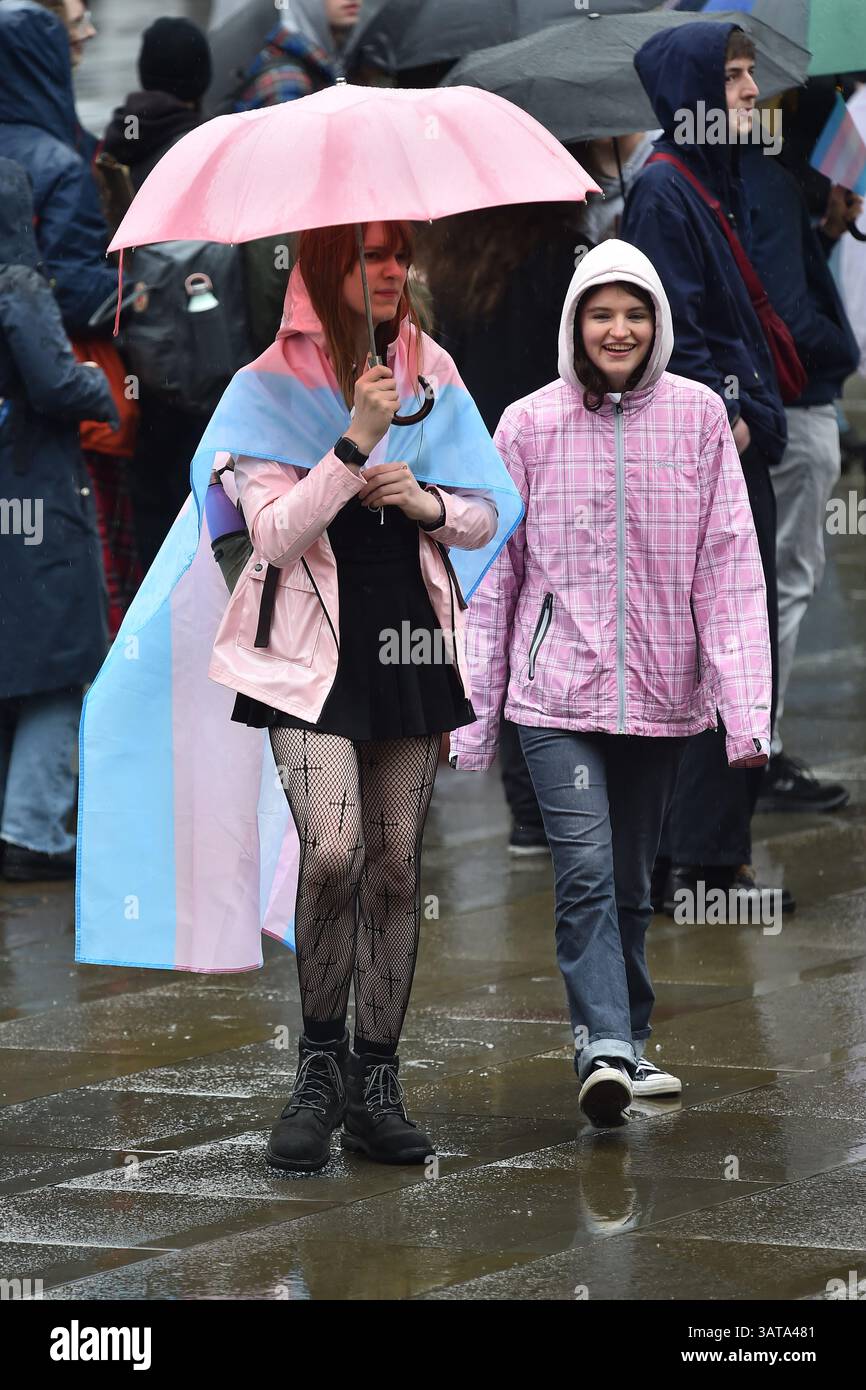 A protester at a trans rights rally at St Peter's Square in Manchester ...