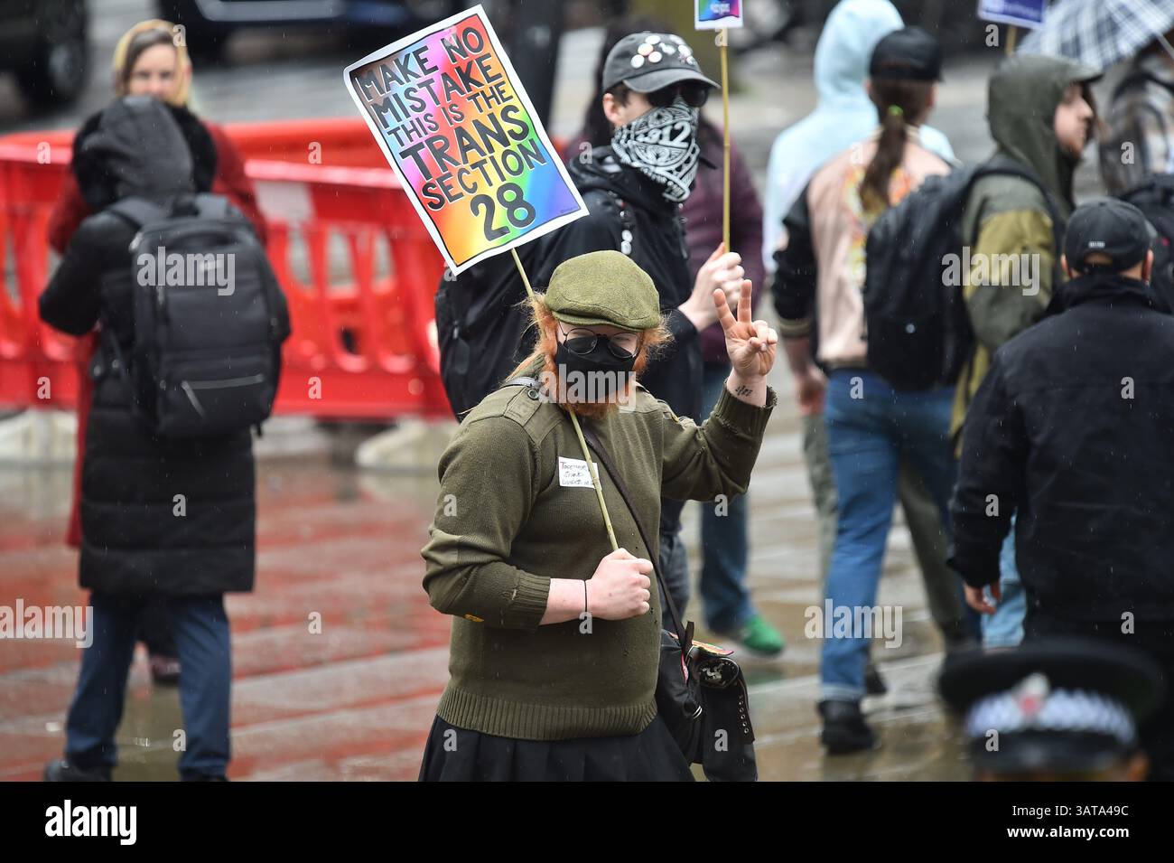 A "Trans Section 28" placard at a trans rights rally at St Peter's ...
