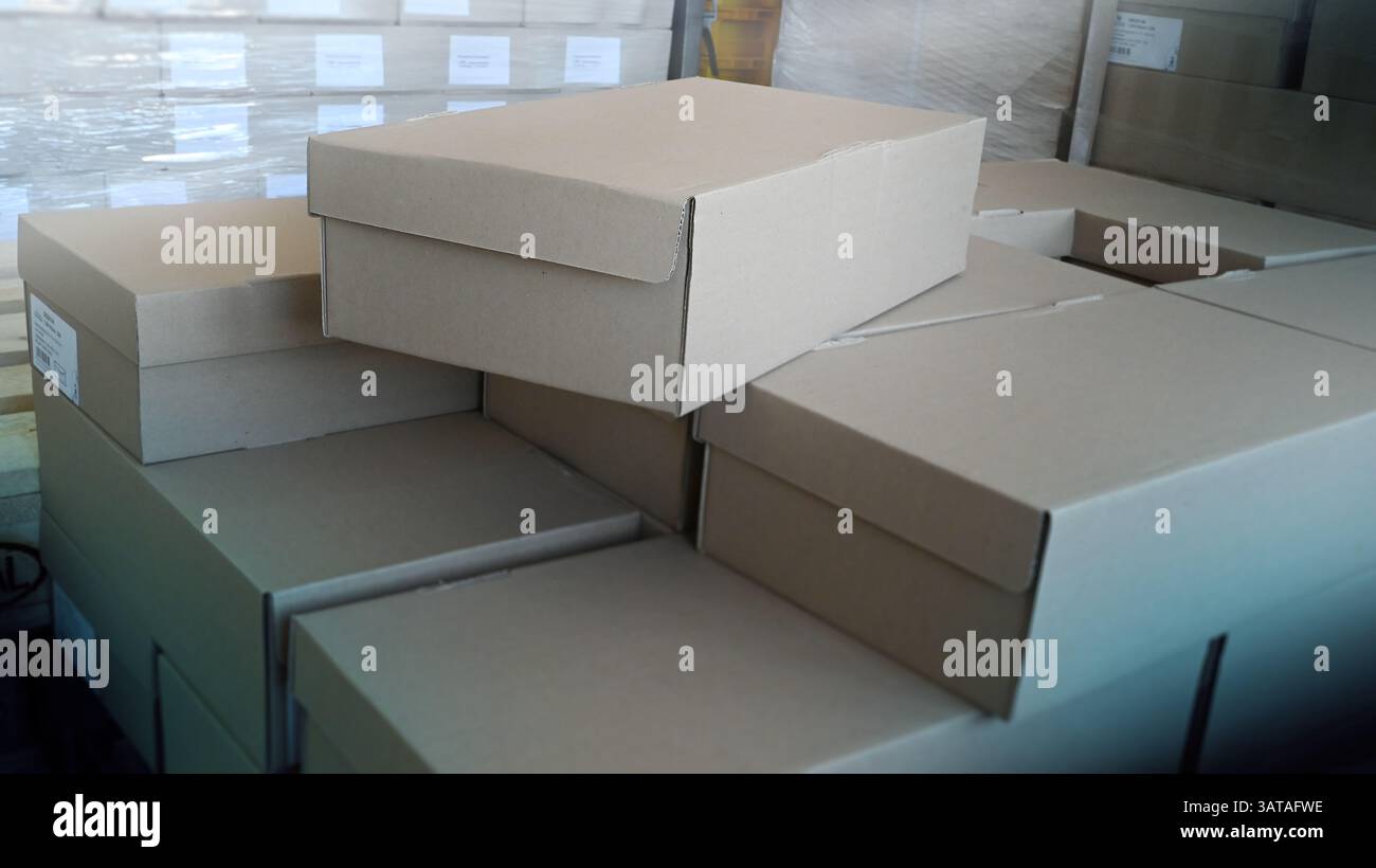 Pallets Euro with print printing materials and cardboard boxes in ...