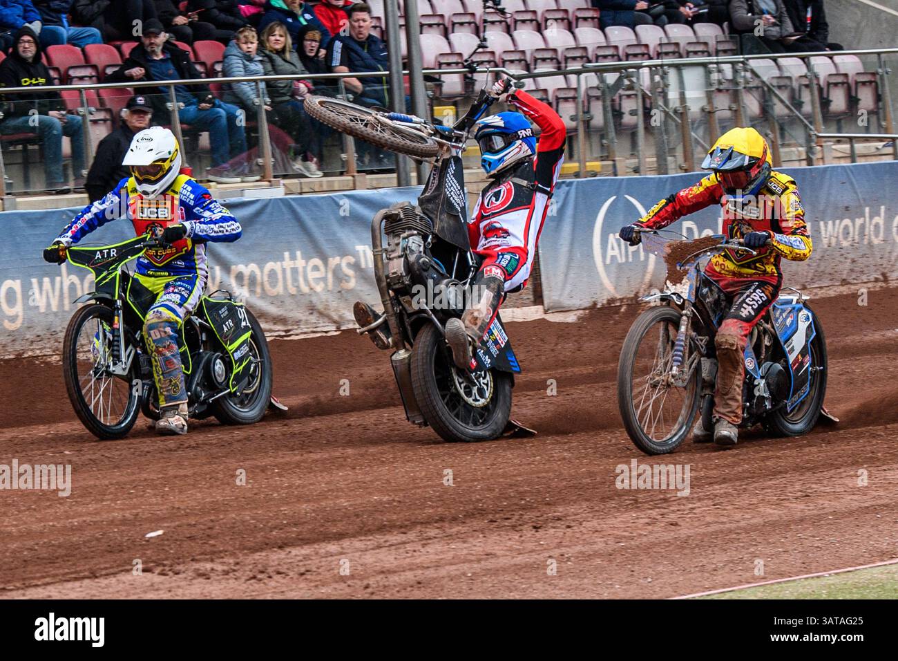 Belle Vue Colts' Billy Budd rears at the start between Leicester Lion ...